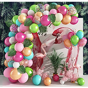 124Pcs Tropical Balloons Arch Garland Kit, Green Hot Pink Rose Gold Confetti Balloons Palm Leaves for Tropical Hawaiian Aloha Luau Flamingo Birthday Party Baby Shower Wedding Decorations