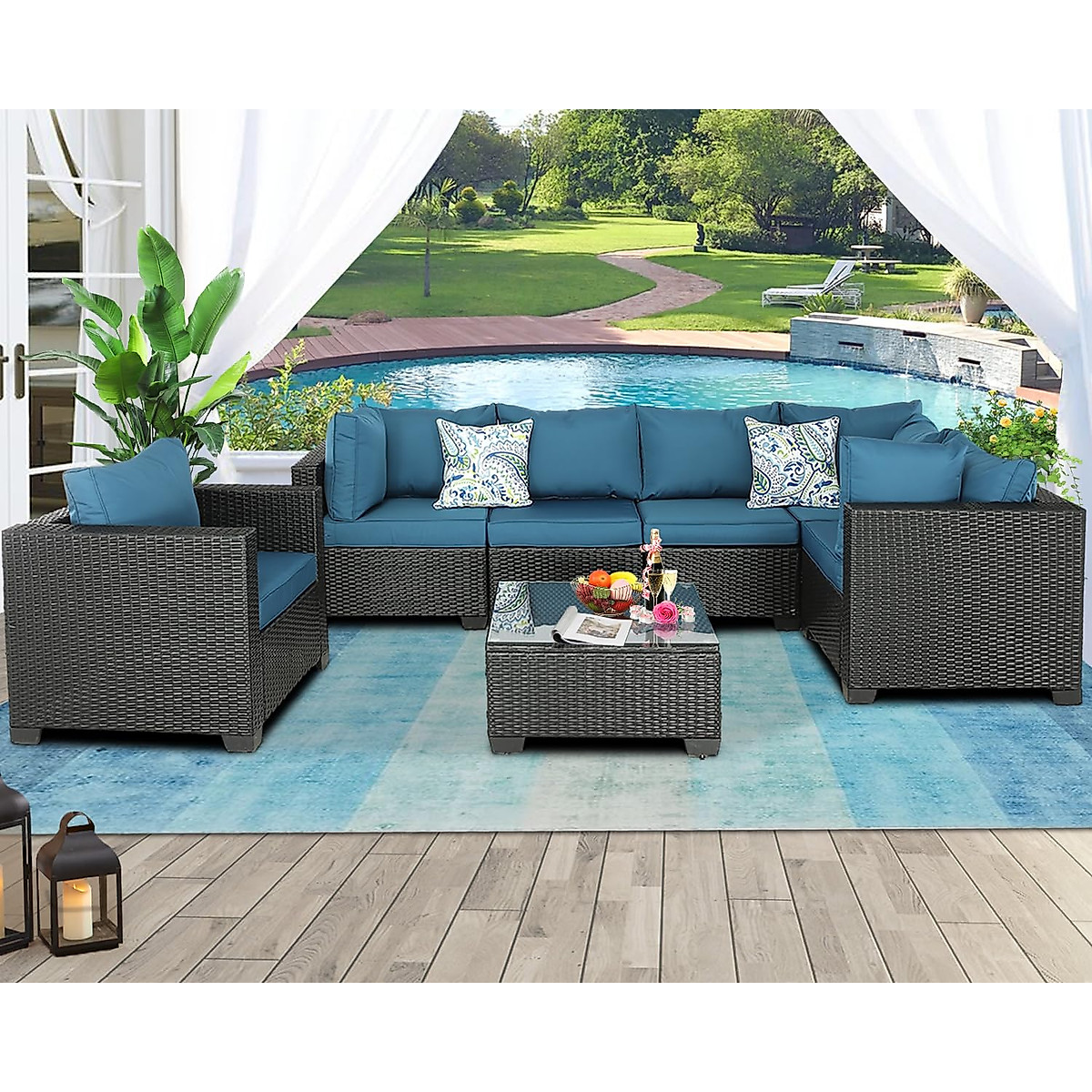 Furnimy Outdoor Furniture Patio Furniture Sets Conversation Sets Balcony Furniture Outdoor Sectional for Outdoor Indoor Backyard Lawn Garden Porch Poolside (Expresso-Peacock Blue, 7 Pieces Set)