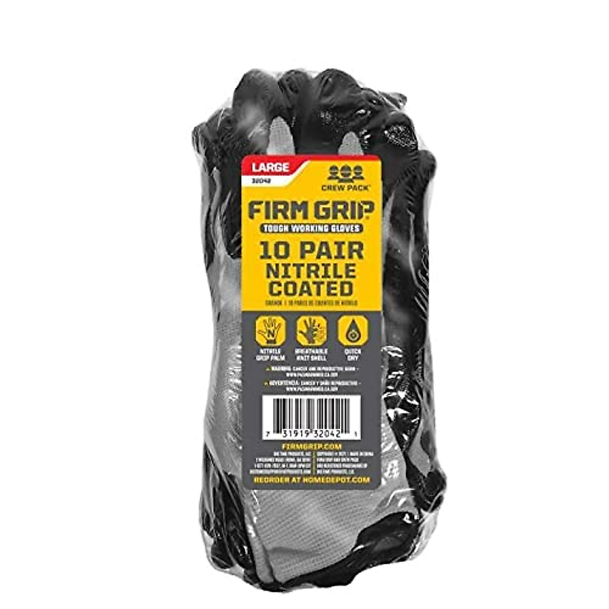 Firm Grip Nitrile Coated Tough Working Gloves: Black, Large Size (10 Pairs)