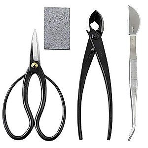 Wazakura 4PCS Bonsai Essential Tool Kit MADE IN JAPAN, Japanese Bonsai Scissors 7inch(180mm) + Concave Branch Cutter 8inch(200mm) + Stainless Tweezers + Sap Eraser Set
