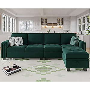 Belffin Velvet Reversible Sectional Sofa with Chasie Convertible Couch Storage Ottoman L Shaped 4-seat Green
