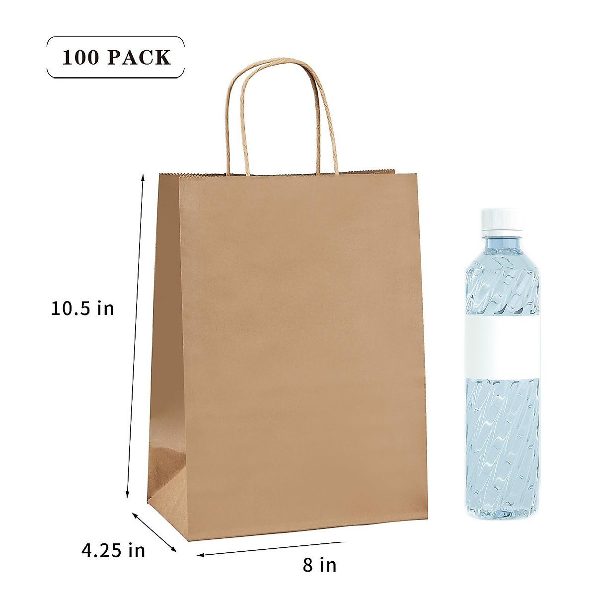 vanhel 100 Pack Brown Kraft Paper Bags with Handles Bulk,8x4.25x10.5 Inches,Brown Paper Bags,Craft Gift Bags,Gift Bags with Handles for Wending,Birthday, Favor,Party,Retail Merchandise Bags