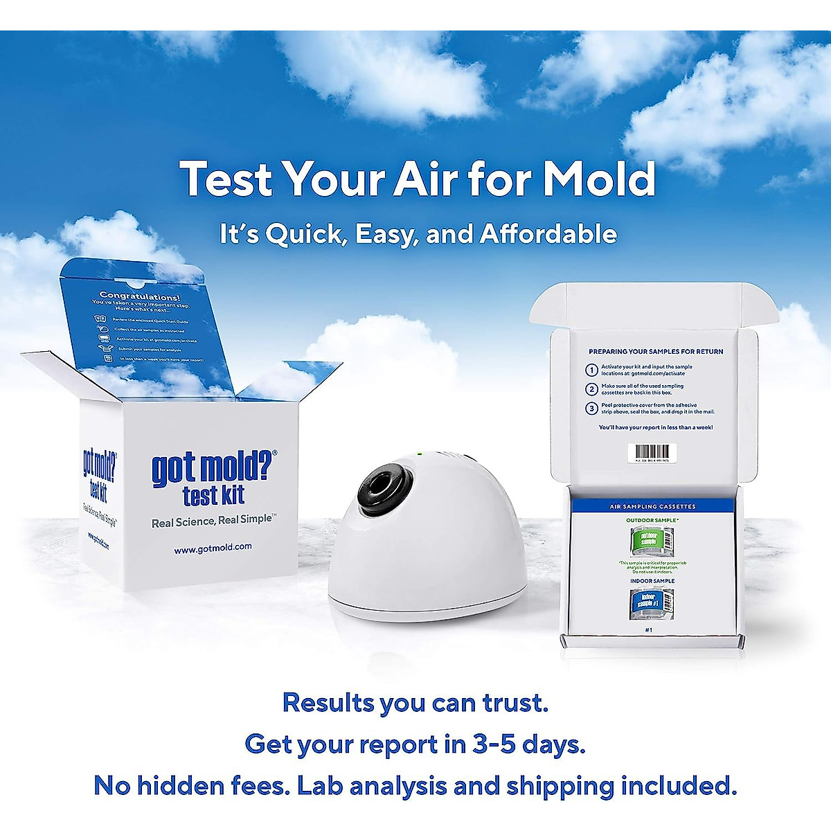 GOT MOLD? Professional Quality Mold Test Kit | Air Sampling w/Reusable BioVac™ Air Sampler | Lab Fees Included | Full Mold Type and Quantity Analysis | 1, 2 & 3-Room Test Kits & Refills | 1 ROOM KIT
