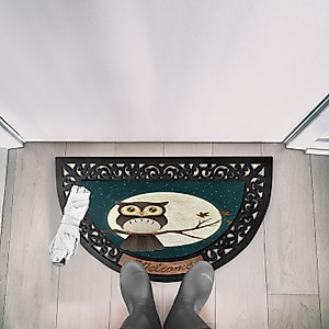 Ambesonne Owl Feather Doormat, Cartoon Scene of Night Bird Sits on Autumn Branch Full Moon, Semi Circle Entryway Welcome Mat for Front & Backard 2 Pieces, 19.6" x 31.4", Teal Brown