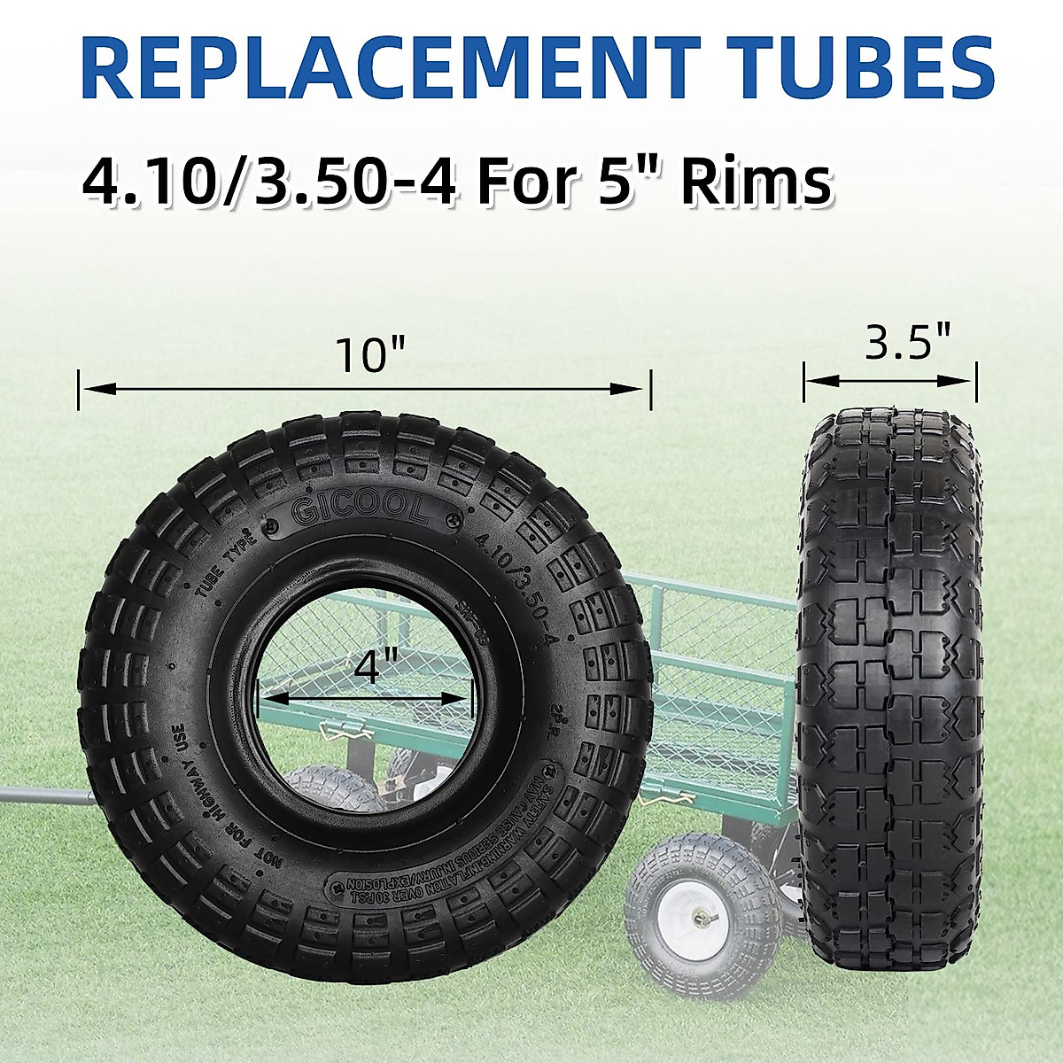 GICOOL 4.10/3.50-4 Replacement Tire and Inner Tube Set, 2 Pack, 10" Heavy Duty Tire and Tube, TR-13 Straight Valve Stem, for Hand Truck Trolley Dolly Garden Wagon Cart Wheel Replacement
