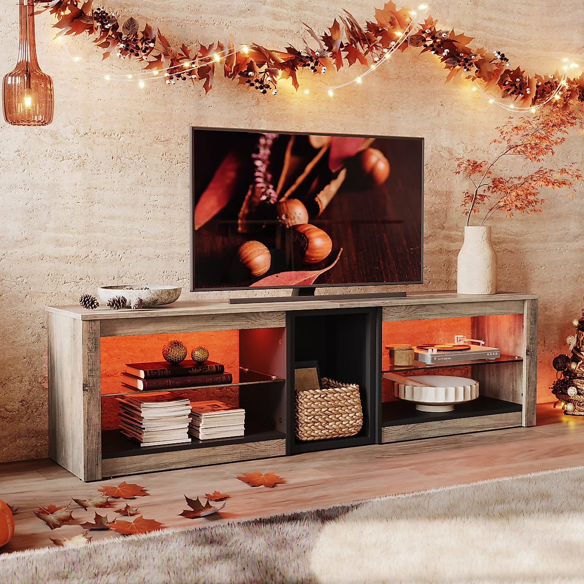 Bestier TV Stand for 70 inch TV, Gaming Entertainment Center for PS5, LED TV Cabinet with Glass Shelves for Living Room, 63'' Inch, Grey Wash