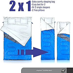 NTK KUPLE Double 2 in 1 Sleeping Bag with 2 Pillows and a Carrying Bag with Compressor Straps for Camping, Backpacking, Hiking. (Blue)