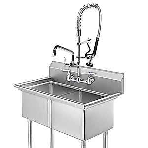 TCEUMIK Commercial Kitchen Sink Faucet with Pre-Rinse Sprayer 8 Inch Center 27" Height Wall-Mount Faucet with 12'' Add-on Swivel Spout for 1, 2, 3 Industrial/Restaurant Compartment Utility Sinks