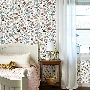 Orainege Floral Peel and Stick Wallpaper Boho Floral Contact Paper 15.7in x 118.1in Flower Wallpaper Self Adhesive Wallpaper for Bedroom Cabinets Decor Removable Wall Paper
