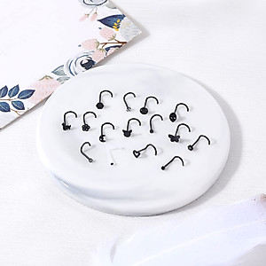ZS 15Pcs Nose Rings for Women - 20G Stainless Steel L Shape Screw Nose Piercings Jewelry Black Nose Studs Rings (Black,Corkscrew)