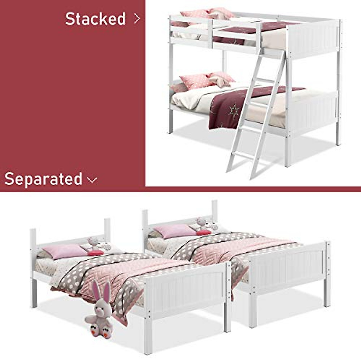 Costzon Wood Twin Over Twin Bunk Beds Convertible 2 Individual Twin Beds for Kids Children, Solid Rubberwood Bunk Bed with Ladder and Safety Rail (White)