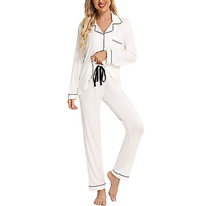 Anjue Pajamas Sleepwear Sets for Wedding White Lounge Set Women's Pajama Set Button Down Sleep Sets Soft Cotton Sleepwear(White,S)