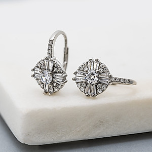 Mia Sarine Rhodium Plated 925 Sterling Silver Cluster Drop Antique Look Cubic Zirconia Leverback Earrings for Women White