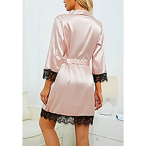 LYANER Women's 4pcs Sleepwear Satin Floral Lace Trim Cami Pajama Set with Robe Solid Pink Small