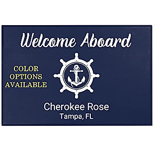 Welcome Aboard Mat for Boats, Personalized Boat Rug, Custom Boat Mat, Nautical Gift, Custom Doormat Coastal Decor, Maritime Boat Gifts, Boat Decor, Custom Gift for Boat (36" × 24", Navy)