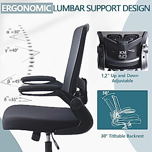 KLASIKA Desk Chairs with Wheels, Office Chair Mid Back Swivel Lumbar Support Desk Chair, Ergonomic Mesh Office Chair Adjustable Height and Home Office Chair with Flip Up Armrests (Black)