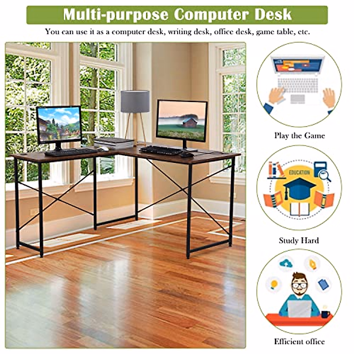 Lucky Shop L-Shaped Desk 47" Corner Computer Desk, Gaming Table with Sturdy X Leg, Adjustable Wood PC Desk, Modern Ergonomic Racing Style Study Desk Workstation, Space-Saving for Home Office, Brown