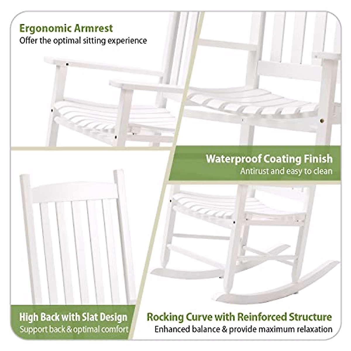 Yewuli Outdoor Patio Wooden Rocking Chairs Set of 2 Clearance,Porch Rockers Chair Outdoor with High Back and Handrail,Outside White Big and Tall Rocking Chairs Indoor for Porch,243LBS,White