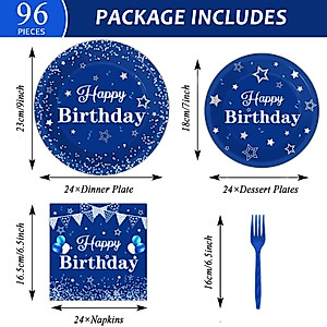 Tevxj Birthday Party Tableware Set, 96PCS Navy Blue and Silver, Disposable Plates, Napkins, Forks for 24 Guests, Place Setting for Men and Boys