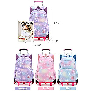 LANSHIYA Dream Princess Wind Rolling Backpack for Girls Wheeled Travel Bag Trolley School Bag Purple Two Wheels