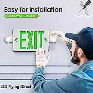 Green LED Exit Sign Emergency Light Combination Adjustable Two Heads and Battery Backup, US Standard Commercial Emergency Exit Lighting, Fire Resistant UL 924 AC 120/277V (8-Pack)