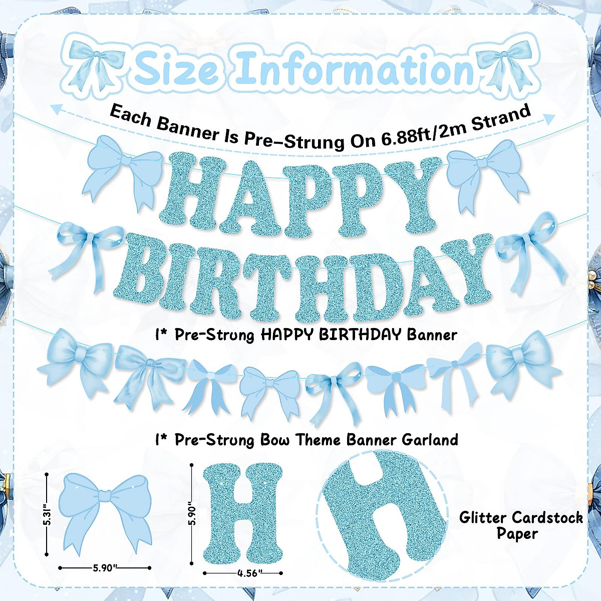 Bow Happy Birthday Banner Garland, Pre-Strung Blue Coquette Bow Birthday Banner for Bow Birthday Party Decorations, Coquette Birthday Decortions, Bow Party Decorations