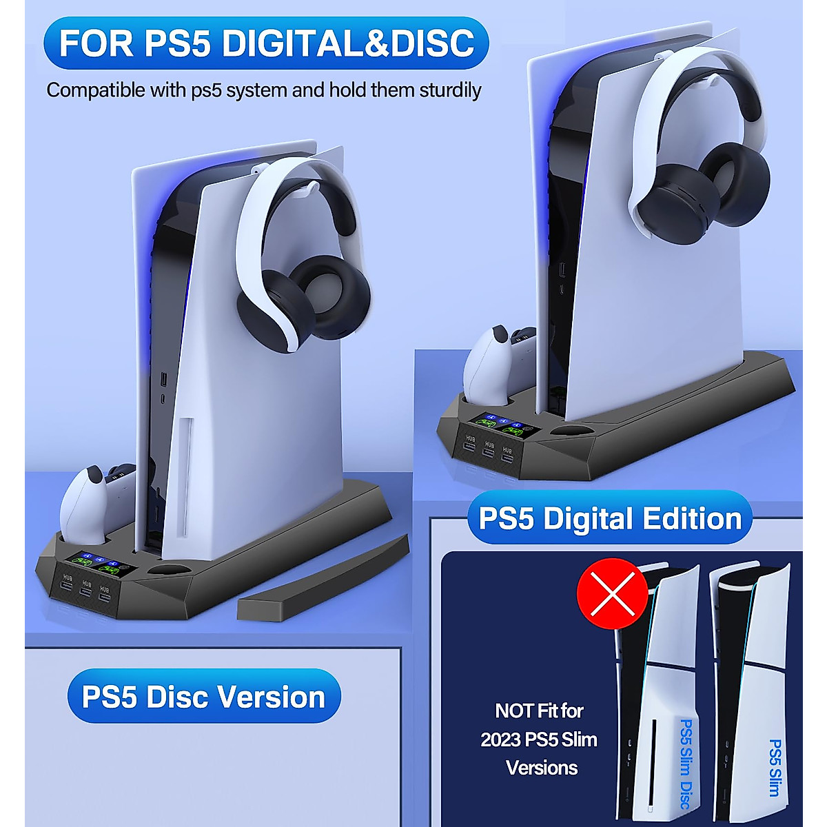 PS5 Stand with Cooling Station PS5 Controller Charging Station for Playstation 5 PS5 Console Edition, PS5 Accessories-Cooler Fan/Remote Charger/Headset Holder(Not Fit 2023 PS5 Slim Disc/Digital)