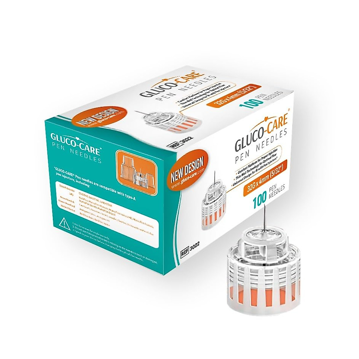 GLUCO-CARE Pen Tips 32G x 5/32’’ (4mm), Universal Fit, Optimal Skin-Contact Base for Comfort, Sterile, 100/bx