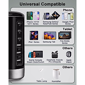 Universal USB & USB C Tower Fast Charging Station 6-Port 60W - Compact, Space-Saving Design with Multiple USB & USB-C Ports for All iPhone Galaxy Note Pixel iPad Multiple Devices