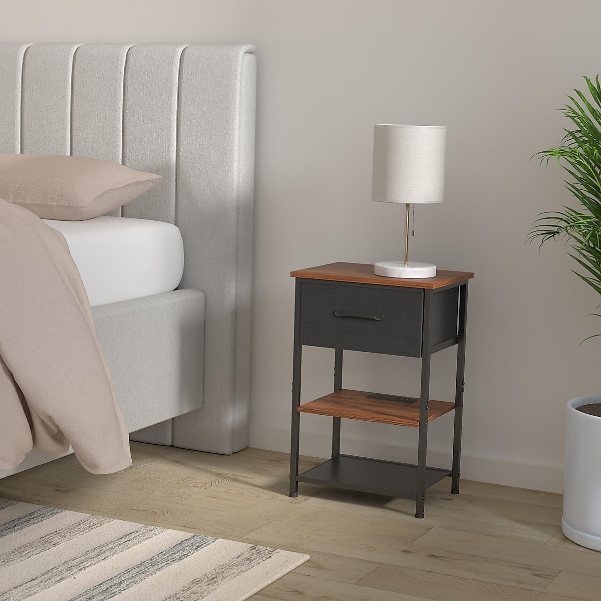 LAKEMID Nightstands Set of 2 with Charging Station and Drawer, End Table Side Table with 20 Colors LED Light Strip and 2 Layers Shelf for Bedroom Living Room Sofa (Rustic Brown)