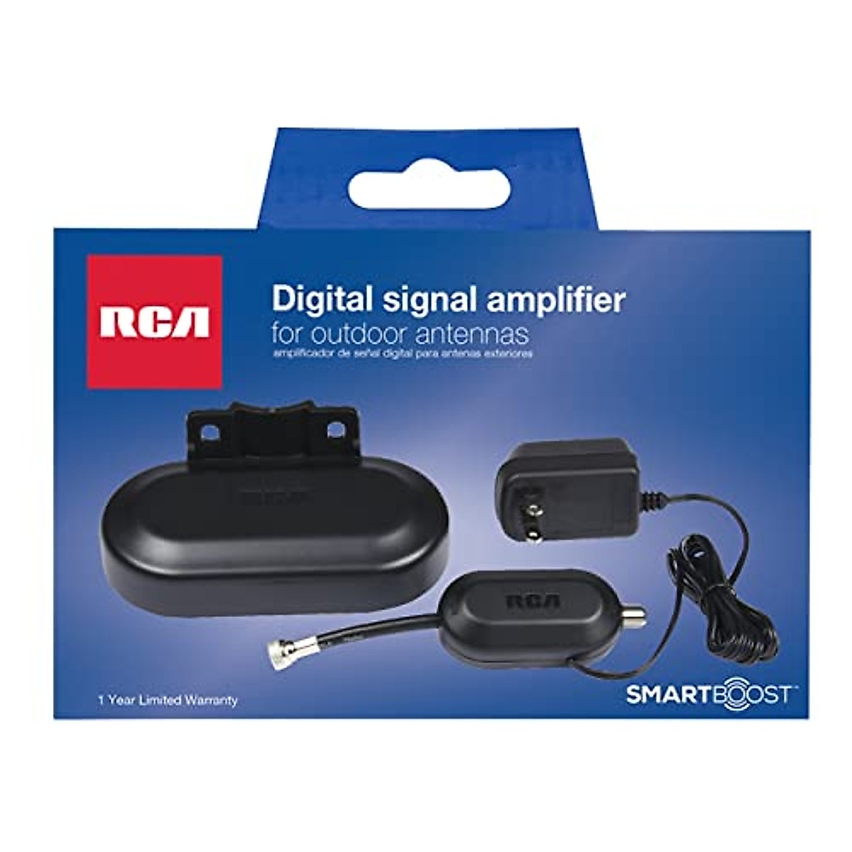 RCA Digital Signal Amplifier for Outdoor Antennas – Extremely Low Noise, UHF/VHF Amplification, Easy Install with Indoor Power Injector, Supports All TVs and Passive Outdoor TV Antennas (AMP2450E)