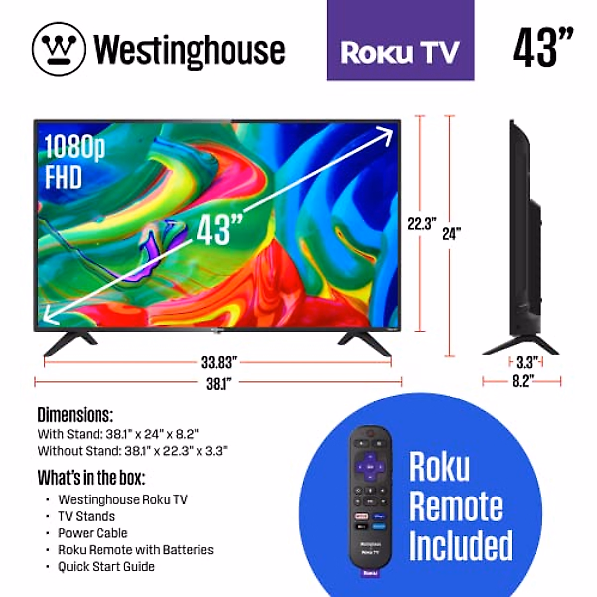 Westinghouse Roku TV - 43 Inch Smart TV, 1080P LED Full HD TV with Wi-Fi Connectivity and Mobile App, Flat Screen TV Compatible with Apple Home Kit, Alexa and Google Assistant