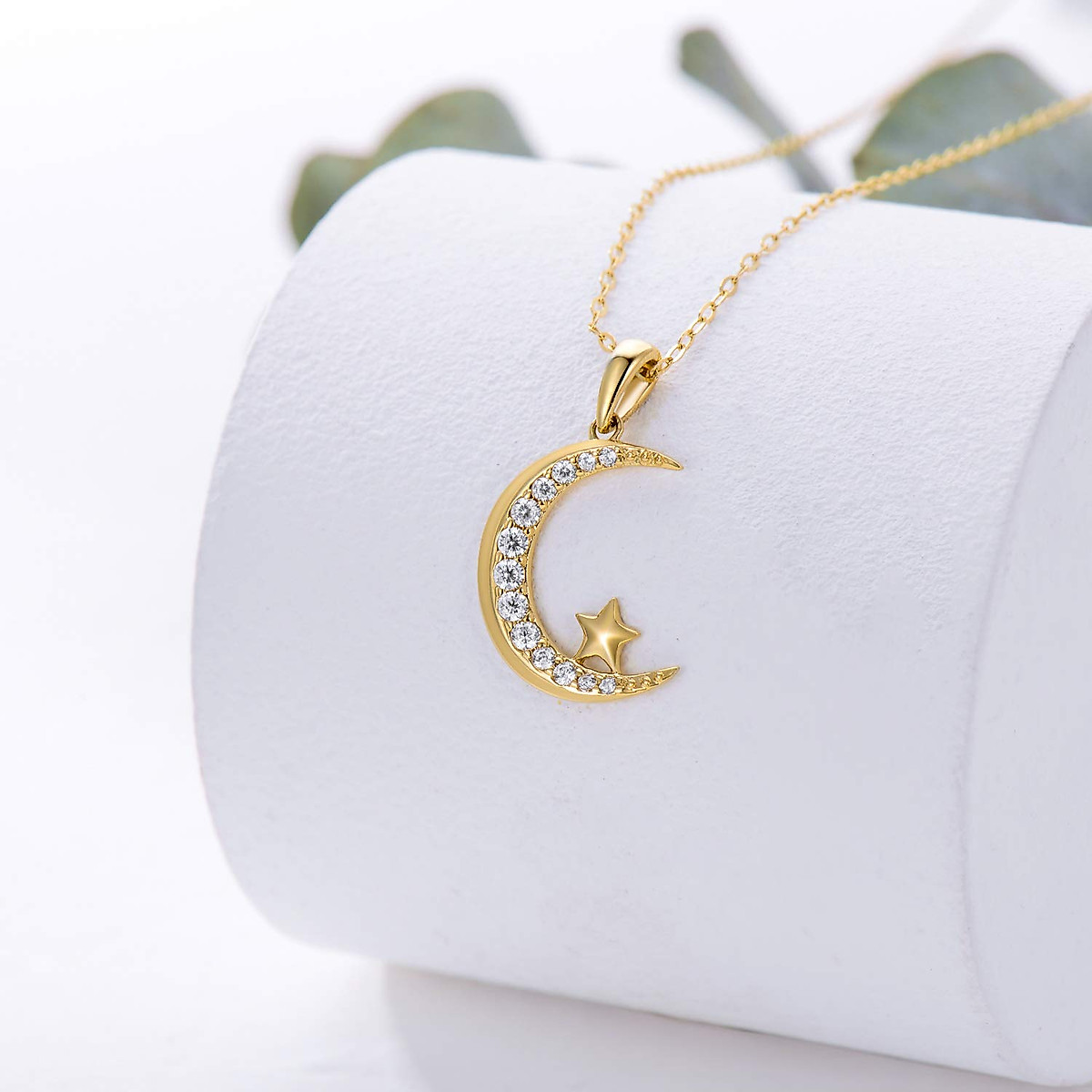 SISGEM 14k Gold Diamond Moon Pendant Necklace for Women, Real Gold Moon and Star Jewelry Anniversary Present for Wife, Gifts for Her, (0.18 ct) 16-18 Inch