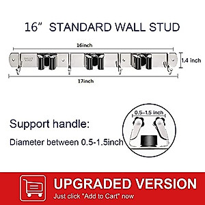 IMILLET 2 Pack Broom and Mop Holder Wall Mounted, Stainless Steel Broom Holder Mop Holder Self Adhesive Heavy Duty Hooks Storage Organizer for Home Laundry Room Garden Garage Closet Kitchen