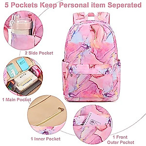 Bluboon Teen Girls School Backpack Kids Bookbag Set with Lunch Box Pencil Case Travel Laptop Backpack Casual Daypacks (Marble Pink-Blue)