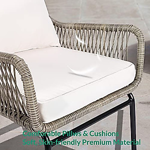 VIVIJASON 3-Piece Patio Conversation Bistro Set, All-Weather Wicker Outdoor Modern Furniture Small Balcony Chat Set w/ 2 Rattan Chairs, Cushions, Glass Top Side Table for Porch Backyard, Grey