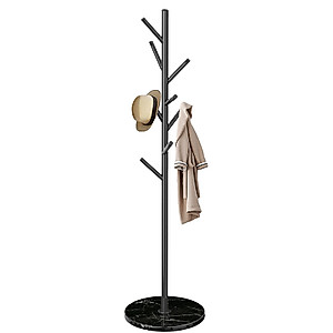 OIRUMIE Coat Rack with Natural Marble Base, Metal Freestanding Coat Rack, Stainless Steel Coat Rack Stand with 8 Hooks for Hanging Scarf, Bag, Jacket, Black Coat Hall Tree Hanger Holder Stand
