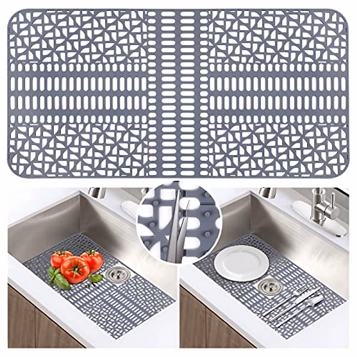JUSTOGO Sink Protectors for Kitchen Sink,Silicone Sink Mat Grid Accessory 26 "x 13 ",1 PCS Non-slip Grey Sink Mats for Bottom of Kitchen Farmhouse Stainless Steel Porcelain Sink