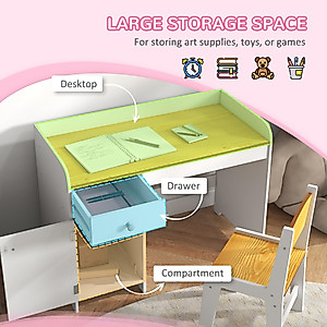 Qaba Kids Desk and Chair Set with Storage Drawer, Study Desk with Chair for Children for Arts & Crafts, Snack Time, Homeschooling, Homework, White