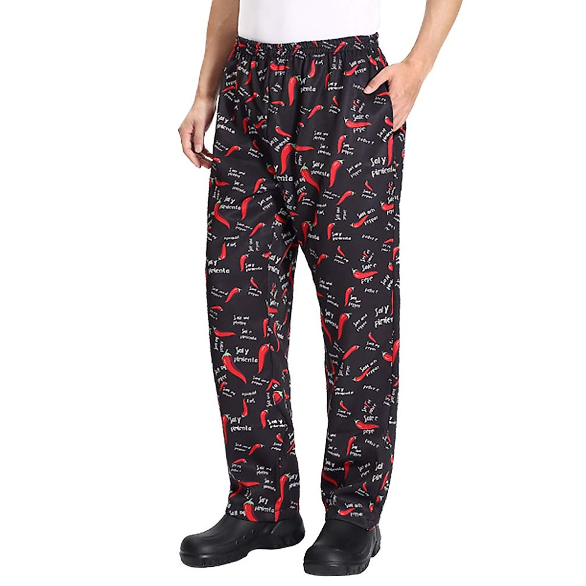 Men's Elastic Baggy Chef's Pants Floral Restaurant Work Pant and Cook Pant Uniform Pepper L