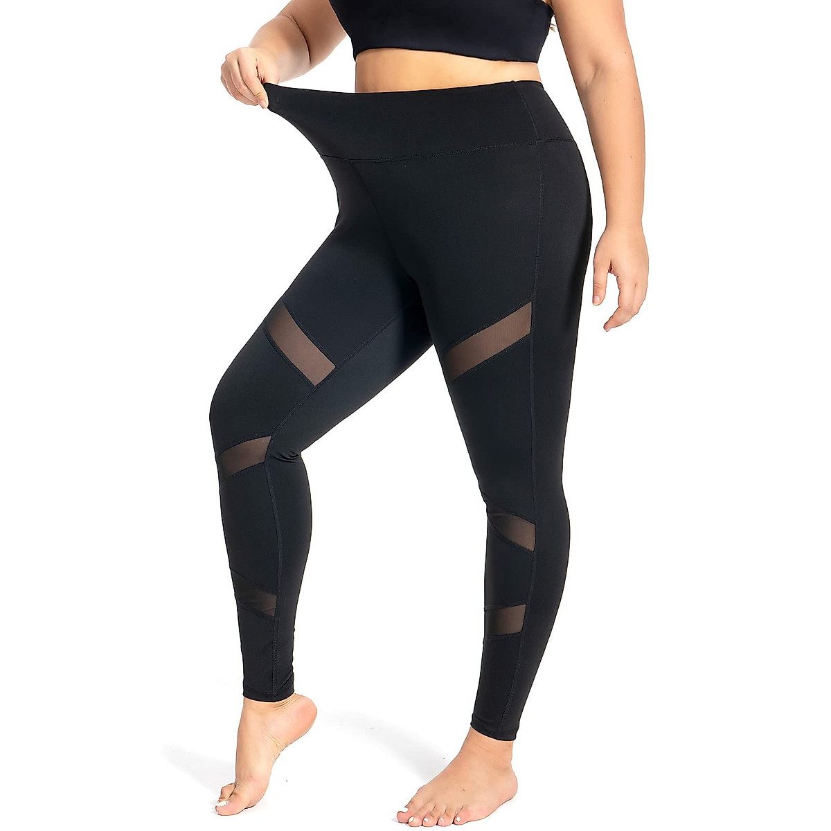 MEJING Plus Size Yoga Pants with Pockets, L-5X Mesh Workout Leggings for Women, High Waisted Tummy Control Activewear Black L