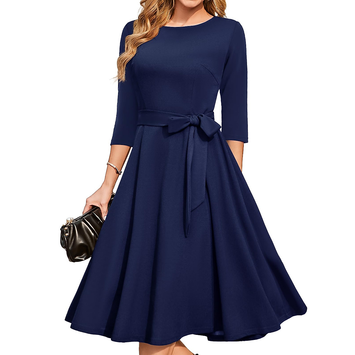 DRESSTELLS Vintage Formal Dress for Women, Wedding Guest Dresses Knee Length, 3/4 Sleeve Fit and Flare, Cocktail Casual Party Church Prom Evening, 2025 Spring, Navy L