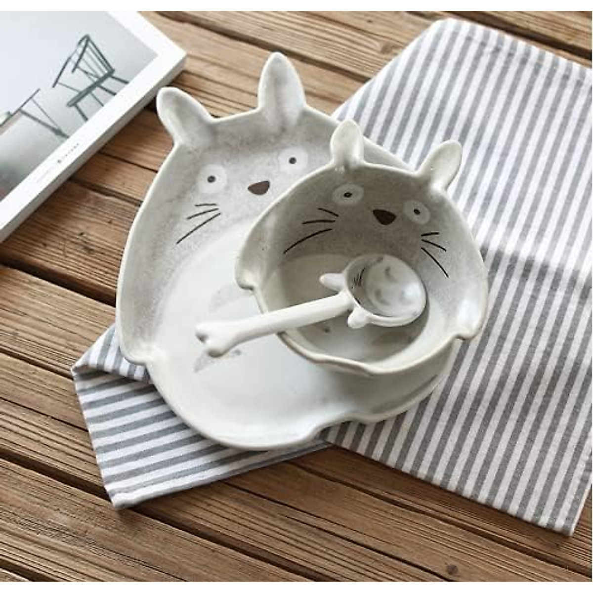 Ceramic Grey Cartoon Plate Bowl Set Hand-Painted Anime Character Dinnerware for Kids Cute Non-slip Dish Sets (Set of Bowl, Plate, Spoon)