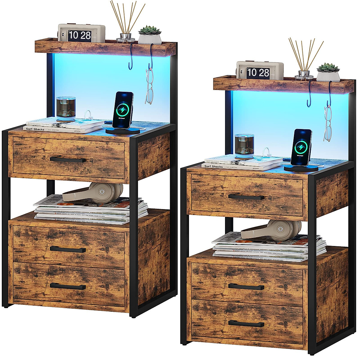 AOGLLATI Nightstand Set of 2 with Charging Station and LED Lights, Bedside Table with 3 Drawers and Open Storage Shelves, 2 USB Ports and 2 AC Outlets, LED Night Stand for Bedroom, Rustic Brown