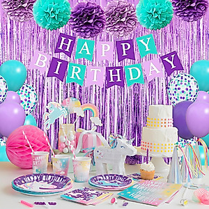 Purple Green Birthday Decorations, Purple Blue Party Balloons with Happy Birthday Banner and Purple Turquoise Fringe Curtain Pompom for Girl Women Birthday Baby Shower Party Decorations