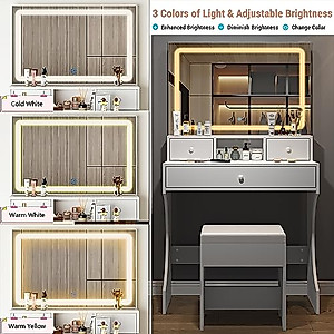 Yanosaku Vanity Desk with LED Lighted Mirror & Power Outlet, Makeup Table with Drawers, Makeup Table with Chair,Vanity Set 3 Lighting Modes Brightness Adjustable for Bedroom Studio