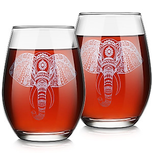 Cunhill 2 Pieces Elephant Stemless Wine Glass Hand Etched Elephant Glass Clear Stemless Wine Glass Coffee Cup, Presents for Women Men (15.2 oz, Classic Style)