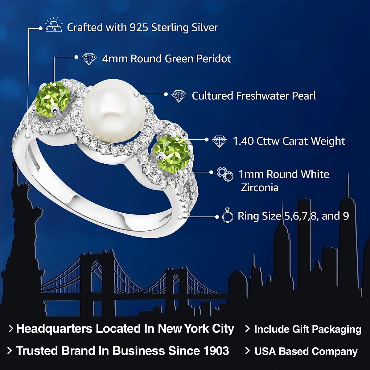 Gem Stone King 925 Sterling Silver Cultured Freshwater Pearl and Green Peridot Ring For Women (1.40 Cttw, Gemstone Birthstone, Available In Size 5, 6, 7, 8, 9)