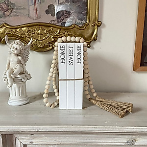 Decorative Books for Home Decor, White Faux Books for Decoration, Rustic Farmhouse Stacked Display Books with 52in Wood Bead Garland for Coffee Tables Living Room, (HOME SWEET HOME)