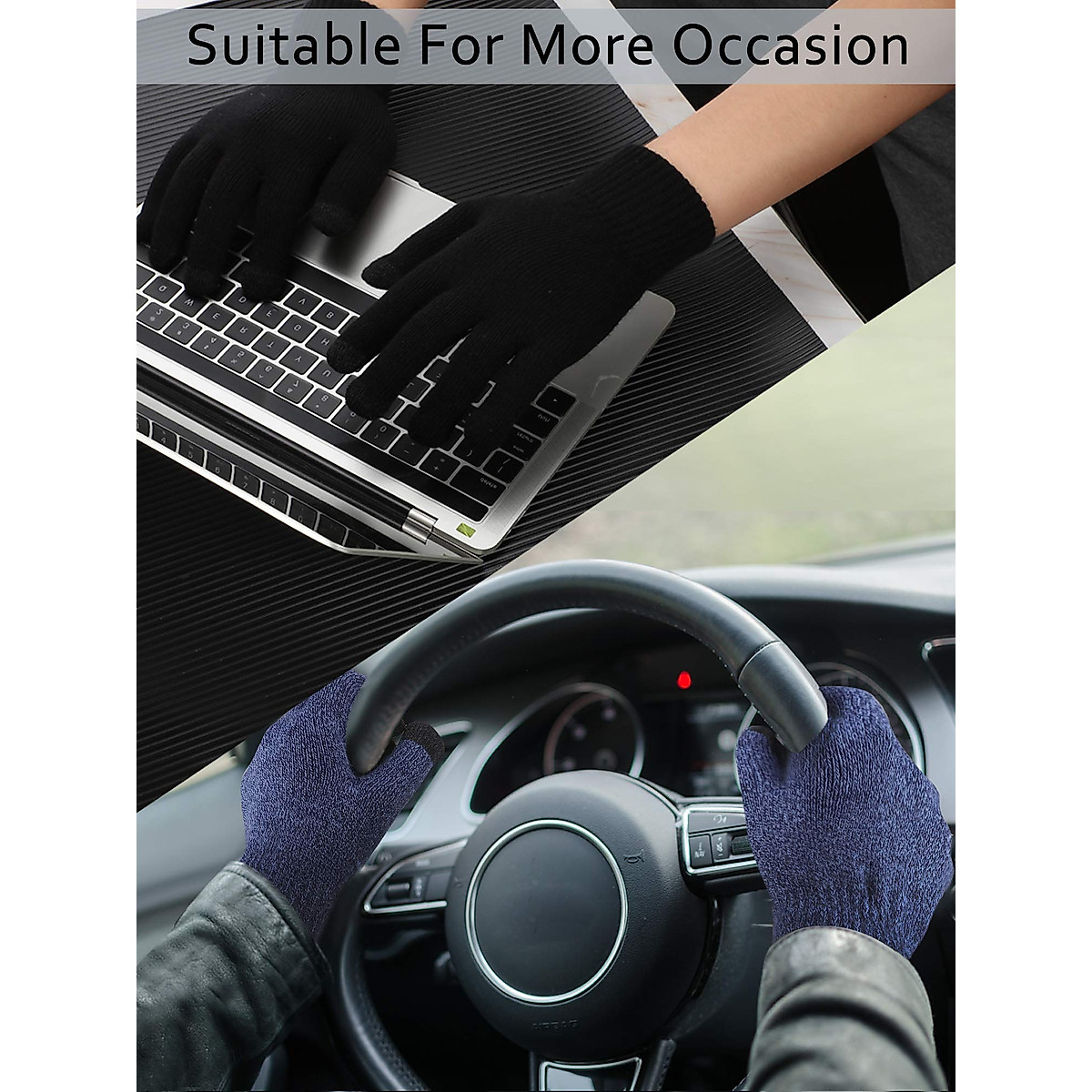 SATINIOR 4 Pairs Winter Knit Touchscreen Gloves Warm Texting Gloves Elastic Anti-slip Gloves for Adults (Black, Black Red, Black White, Navy, M)